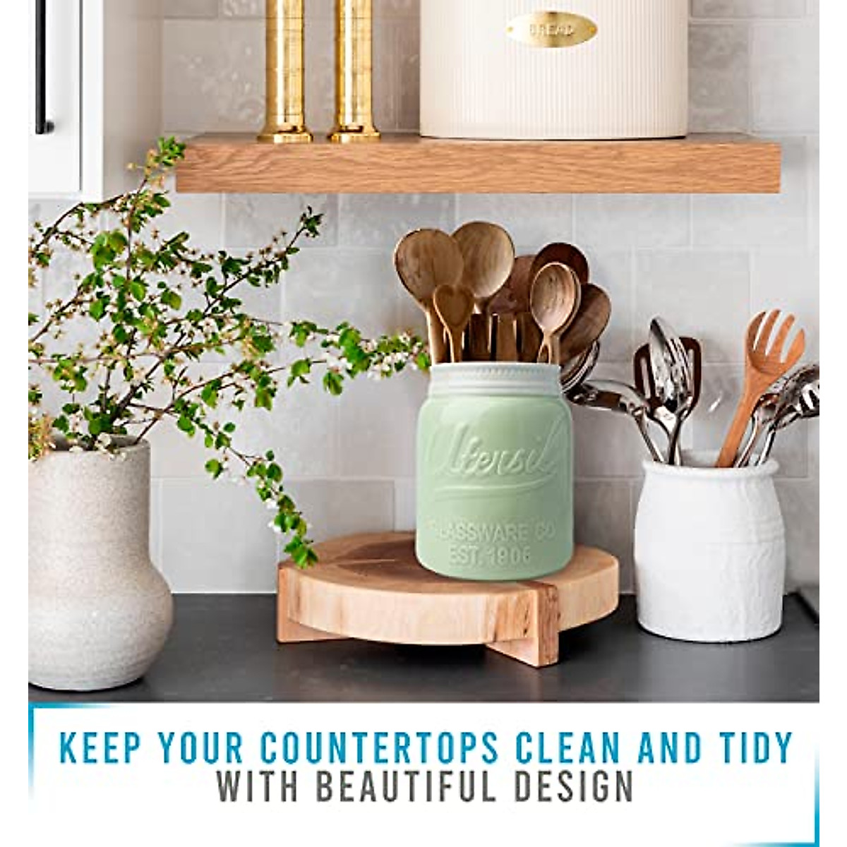 Comfify Wide Mouth Mason Jar Utensil Holder Decorative Kitchenware Organizer Crock, Chip Resistant Ceramic, Dishwasher Safe - Kitchen Caddy Green, Large Size 7" High