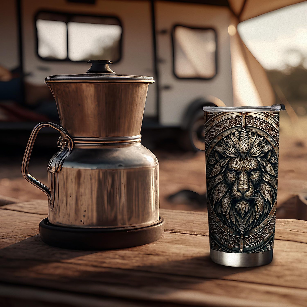 20oz Viking Celtic Warrior Lion Tumbler, Norse Mythology, Viking Gifts for Men, Coffee Thermos for Men, Stainless Steel Double Wall Vacuum Insulated Coffee Mug, Travel Cup with Lid