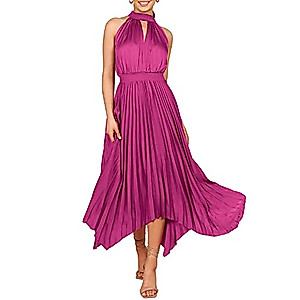ANRABESS Women's Sleeveless Cutout Halter Neck Satin Formal Dress Smocked Pleated Asymmetric Party Cocktail Maxi Dress Elagant Wedding Guest Evening Graduation Prom Dress 752meihong-M Rose