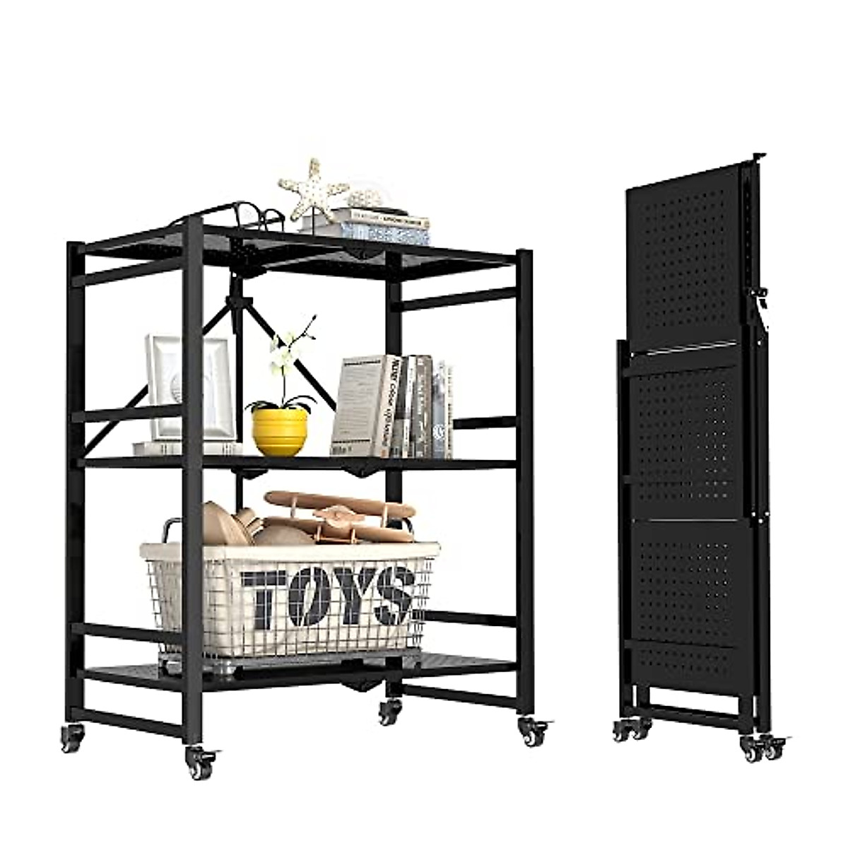 CuHome 3-Tier Foldable Storage Shelves with Wheels, Metal Folding Organizer Rack, Collapsible Shelves Heavy Duty Shelving Units for Kitchen Garage (3-Tier)