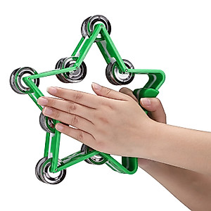 Facnogu 1 Pair Pentagram Handheld Tambourine Handbell Timbrel, Double Row Musical Percussion Instrument with 28 Nickel Steel Jingles - Green