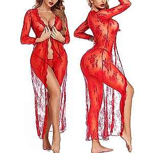 Avidlove Sexy Lingerie Robe for Women Lace Kimono Gown Bridal Babydoll Linngerie Red, M