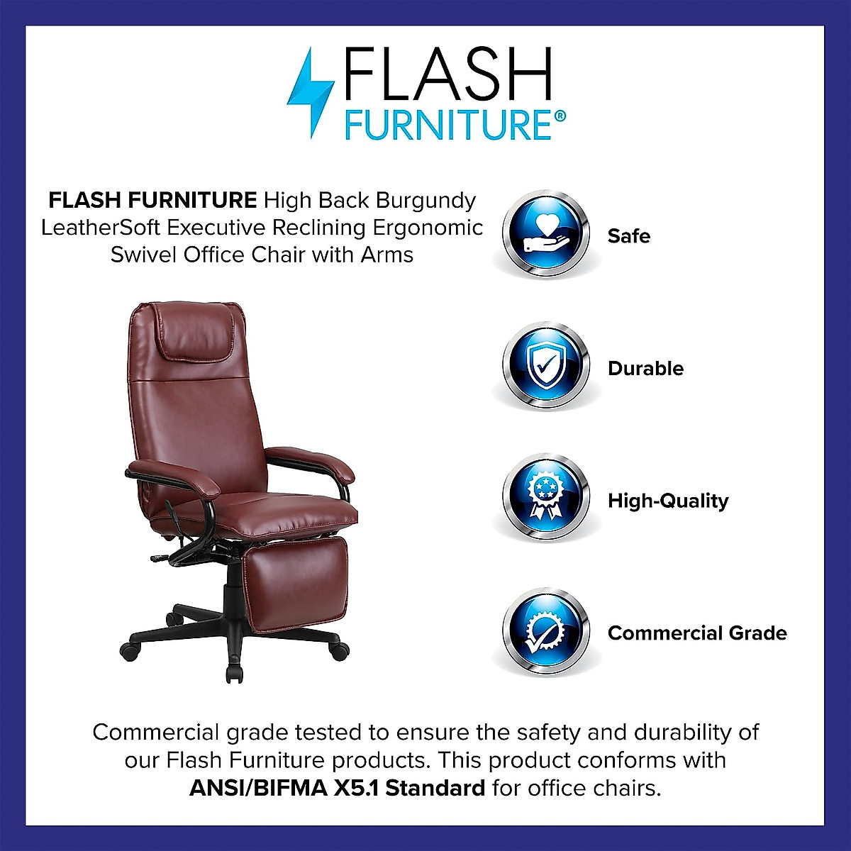 Flash Furniture Robert High Back Burgundy LeatherSoft Executive Reclining Ergonomic Swivel Office Chair with Arms