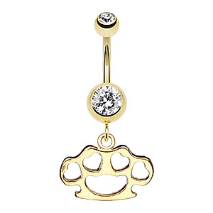 Covet Jewelry Golden Heart Brass Knuckle Belly Button Ring (14 GA, Length: 10mm, Clear)