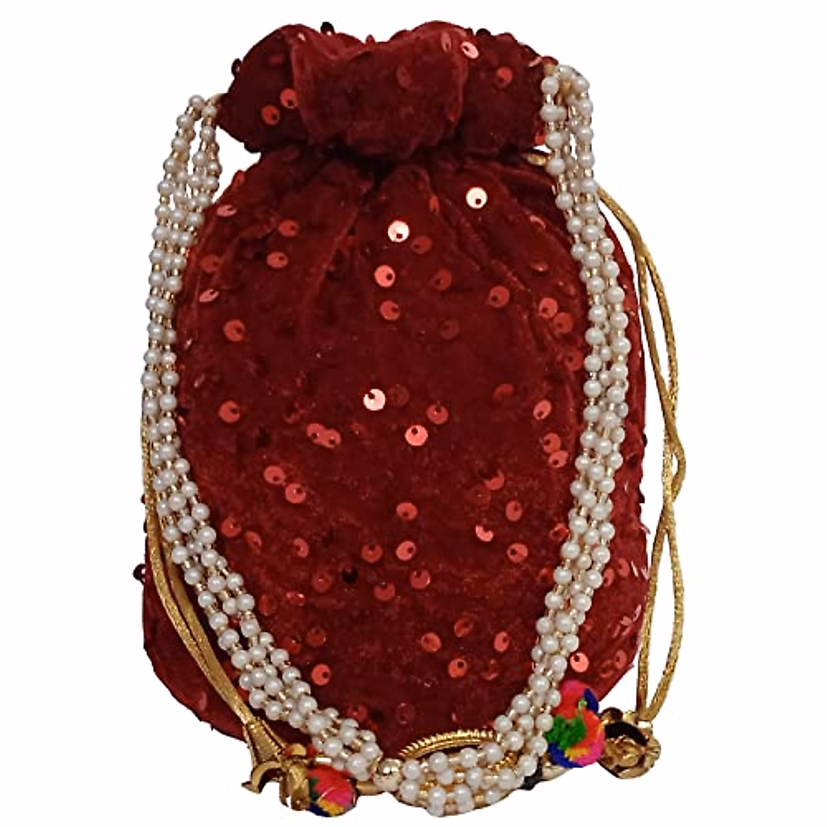 Purpledip Blingy Shiny Chenille Potli Bag (Clutch, Drawstring Purse) For Women: Red Sequin Embroidery Work (12530A)
