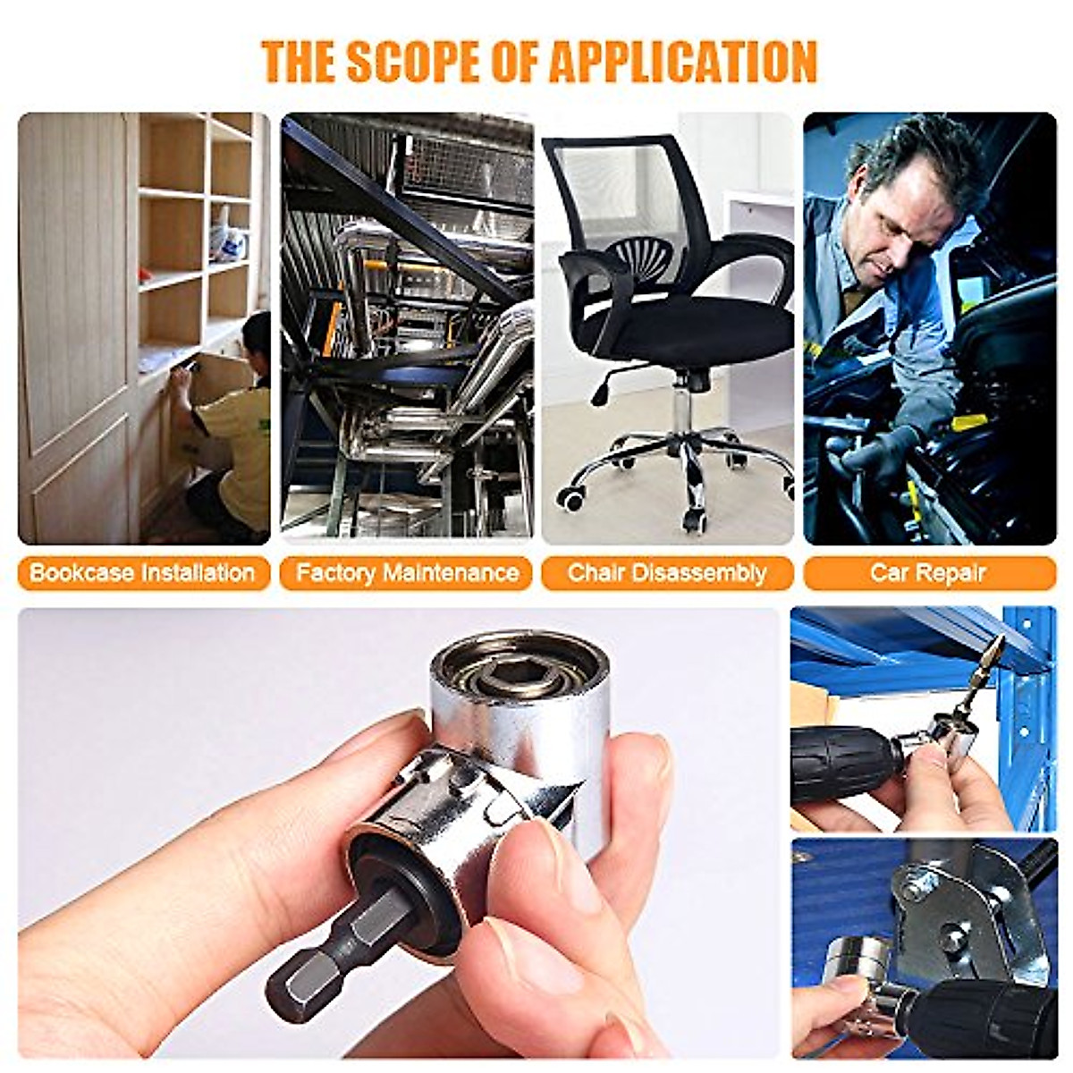 CIGOTU Universal Socket, 7mm-19mm Multifunctional Cordless Ratchet Adapter Socket Wrench Set, Screwdriver Set Hex Bit + 105 Degree Right Angle Drill