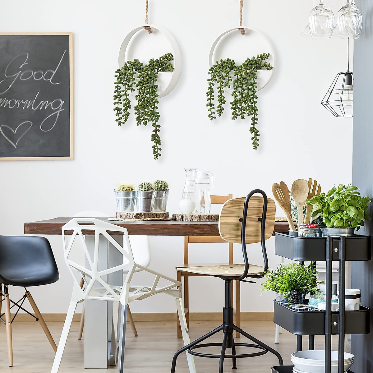 CEWOR 2pcs Artificial Hanging Succulent Plants, Fake String of Pearls in Pot with Lanyard Boho Wall Decor for Bathroom Living Room Home Indoor Outdoor Decorations, White