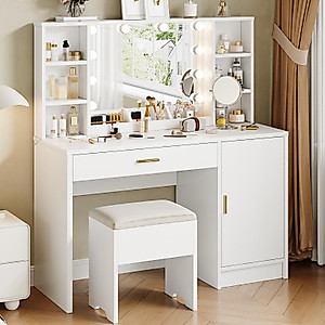 Vanity Desk with Mirror and Lights, 43'' Tabletop Makeup Vanity with Multiple Shelves & Large Cabinet, 3 Color Lighting Modes Adjustable Brightness, Makeup Table with Soft Cushioned Stool, White