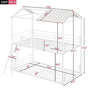 EMKK Twin Over Twin Metal Bunk Bed,House Shaped Low Bunk Beds w/Safety Guardrail & Ladder,Twin Over Twin Bunk Beds for Kids Girls Boys Toddlers,Metal House Bunk Bed Frame with Ladder