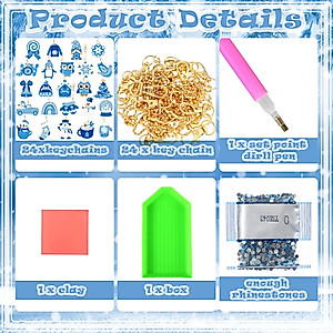 Remuuly 24 Pcs Winter Diamond Painting Keychain 5d Double Sided DIY Diamond Art Keychains Snowflake Snowmen Owl Diamond Painting Ornaments Full Diamond Painting for Valentine's Day Gift Holiday Decor