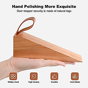 Wood Door Stopper, 2 Pack Door Stoppers Wedge with Adhesive Hooks, Solid Beech Wood Door Stop Wedge with Leather Band for Hanging, Wood Door Stoppers for Bottom of Door