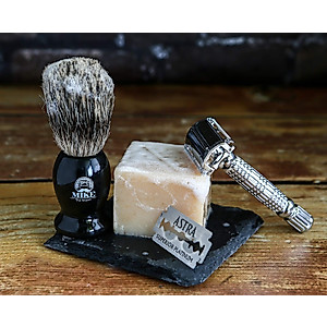Complete Wet Shave Kit | Mike the Mason | Gift Set Includes: Hawk Safety Razor, Pure 100% Badger Hair Brush, Organic Honey Oatmeal Shave Bar, Nick Brick, 5 Premium Mens Blades, and a Razor Stand