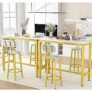 AWQM Bar Table Set of 2,39.3" Faux Marble Table Top & 2 PU Upholstered Stools with Backrest,3 Piece Industrial Pub Height Table Set,for Living Room,Kitchen,Bar,White & Gold & Grey