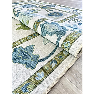 Green Oushak Rug, Modern, Vintage, Turkish, Eclectic, Floral, Pastel, Washable, Large Area Rugs for Living Room, Dining, Bedroom, Girls, Boys, 7'5"x9'8"
