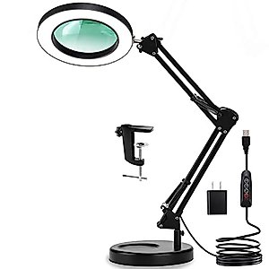 10X Veemagni 2-in-1 Magnifying Glass with Light and Stand, 3 Color Modes Stepless Dimmable, Real Glass Desk Lamp & Clamp, LED Lighted Magnifier with Light for Reading Crafts Repair Close Works