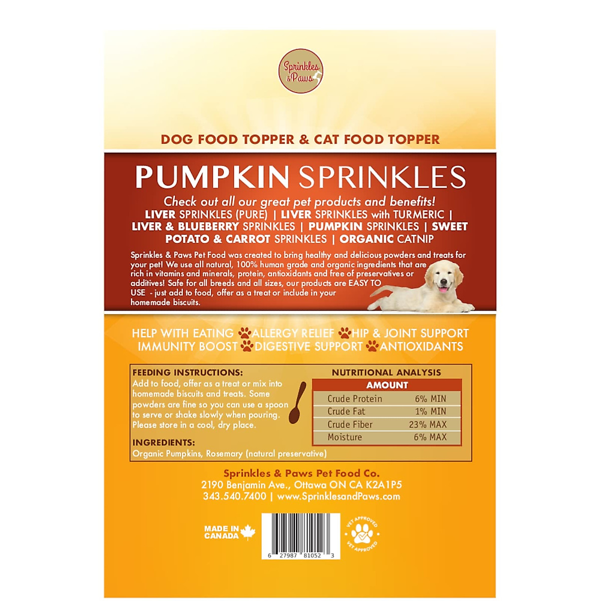 SPRINKLES & PAWS Pumpkin Powder for Dogs | Dog Food Topper Made in Canada with organic pumpkins | Helps Digestive Health, Allergy Relief, Skin & Coat, and with poop | Mix with food
