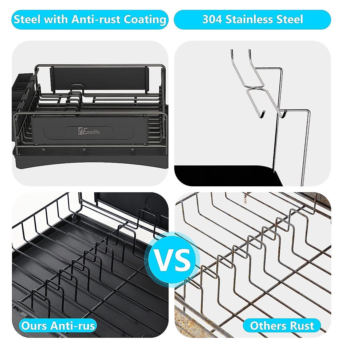 1Easylife Dish Drying Rack, 2 Pieces Large Dish Rack Drainboard Set for Kitchen Counter, Rustproof Dish Drainers with Drainboard, Adjustable Swivel Spout, Wineglass and Utensil Holder for Big Family