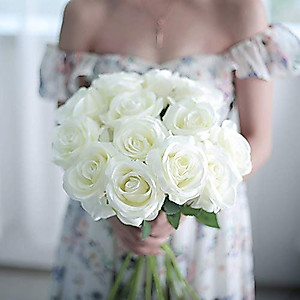 Hawesome 12PCS Artificial Silk Flowers Realistic Roses Bouquet Long Stem for Home Wedding Decoration Party (White)
