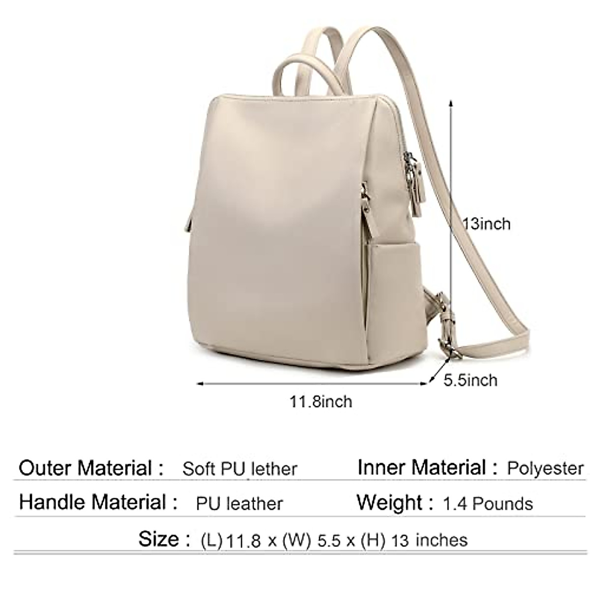 LORADI Lightweight Soft PU Leather Backpack Purse for Women, Anti-theft Travel Bag, Beige