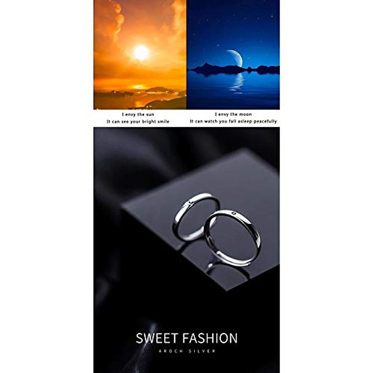 2pcs Sun Moon Couple Rings for Couples Promise Wedding Bands Adjustable Lovers Ring for Girlfried Boyfriend