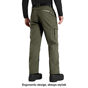 FREE SOLDIER Men's Outdoor Softshell Fleece Lined Cargo Pants Snow Ski Hiking Pants with Belt (Army Green 34W x 30L)