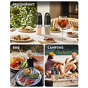 Gravity Electric Pepper and Salt Grinder Set, Sangcon Automatic Pepper and Salt Mill Grinder Battery Powered with LED Light, Adjustable Coarseness, One Hand Operation, Upgraded Larger Capacity, 2 Pack