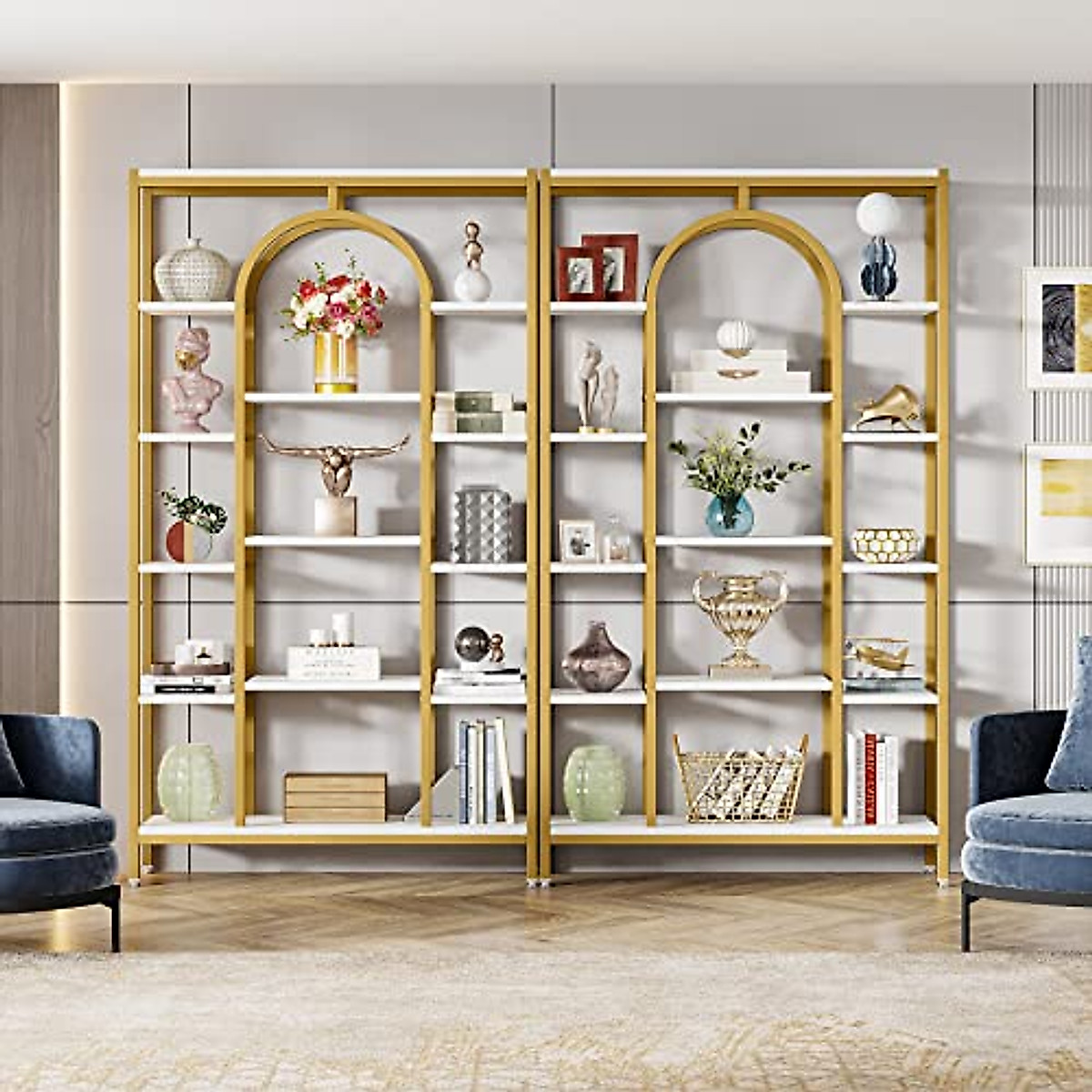Tribesigns 5-Tier Bookshelf, Modern Tall Bookcase Book Shelf Organizer Freestanding Open Display Shelves for Bedroom Living Room Home Office, 70.8" H x 39.4" L, White/Gold