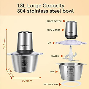 Aigostar 8-Cup Food Processor, Electric Food Chopper with 1.8L Stainless Steel Bowl for Garlic, Meat, Vegetables, Fruits and Nuts, Onion Chopper for Dicing, Mincing, and Puree, 300W(1)
