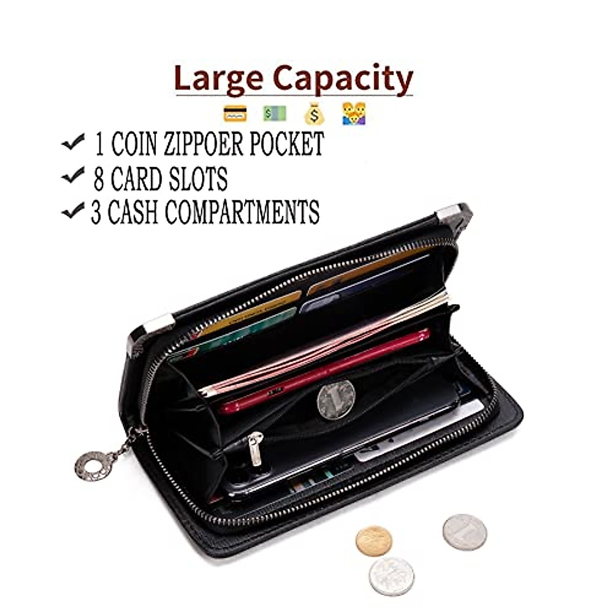 Ecohaso Skull Wallets for Women, Zip Around Goth Wallet Large Capacity Long Purse Credit Card Clutch Wristlet for Women (A-Black)