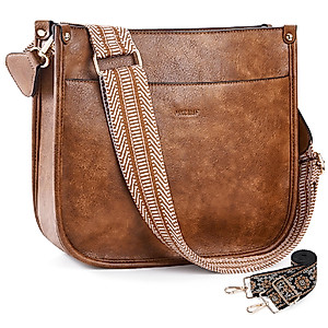 HKCLUF Crossbody Bags for Women Trendy Vegan Leather Hobo Handbags With 2PCS Adjustable Guitar Strap Shoulder Bucket Purse For Women(Brown)