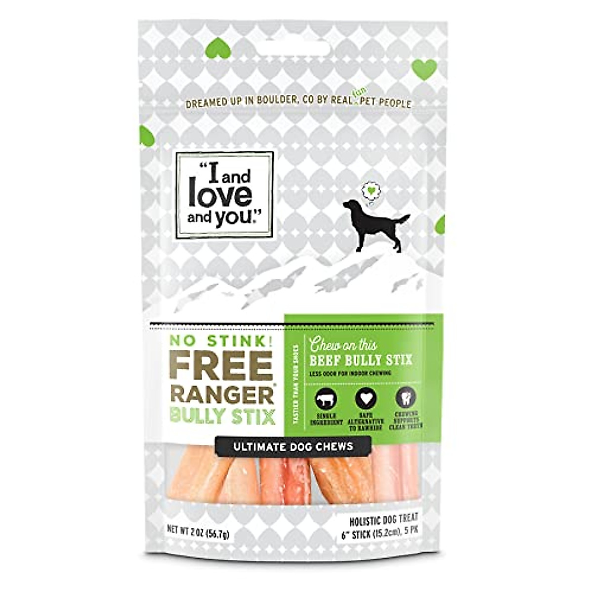 I and love and you Free Ranger No Stink! Natural Grain Free Bully Stix - Low Odor, 100% Beef Pizzle, 6-Inch, Pack of 5