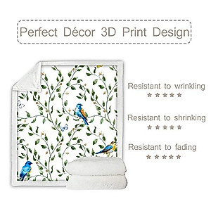 Sleepwish Watercolor Green Leaves Sherpa Fleece Blanket Butterflies Blue Birds and Tree Branch Soft Blanket Spring Pattern Super Warm Lightweight Bed Couch Blankets Throw(50"x60")