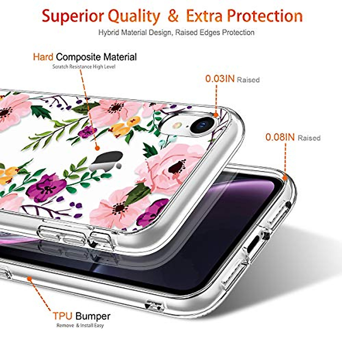 GiiKa iPhone XR Case with Screen Protector, Clear Heavy Duty Protective Case Floral Girls Women Shockproof Hard PC Back Case with Slim TPU Bumper Cover Phone Case for iPhone XR, Small Flowers