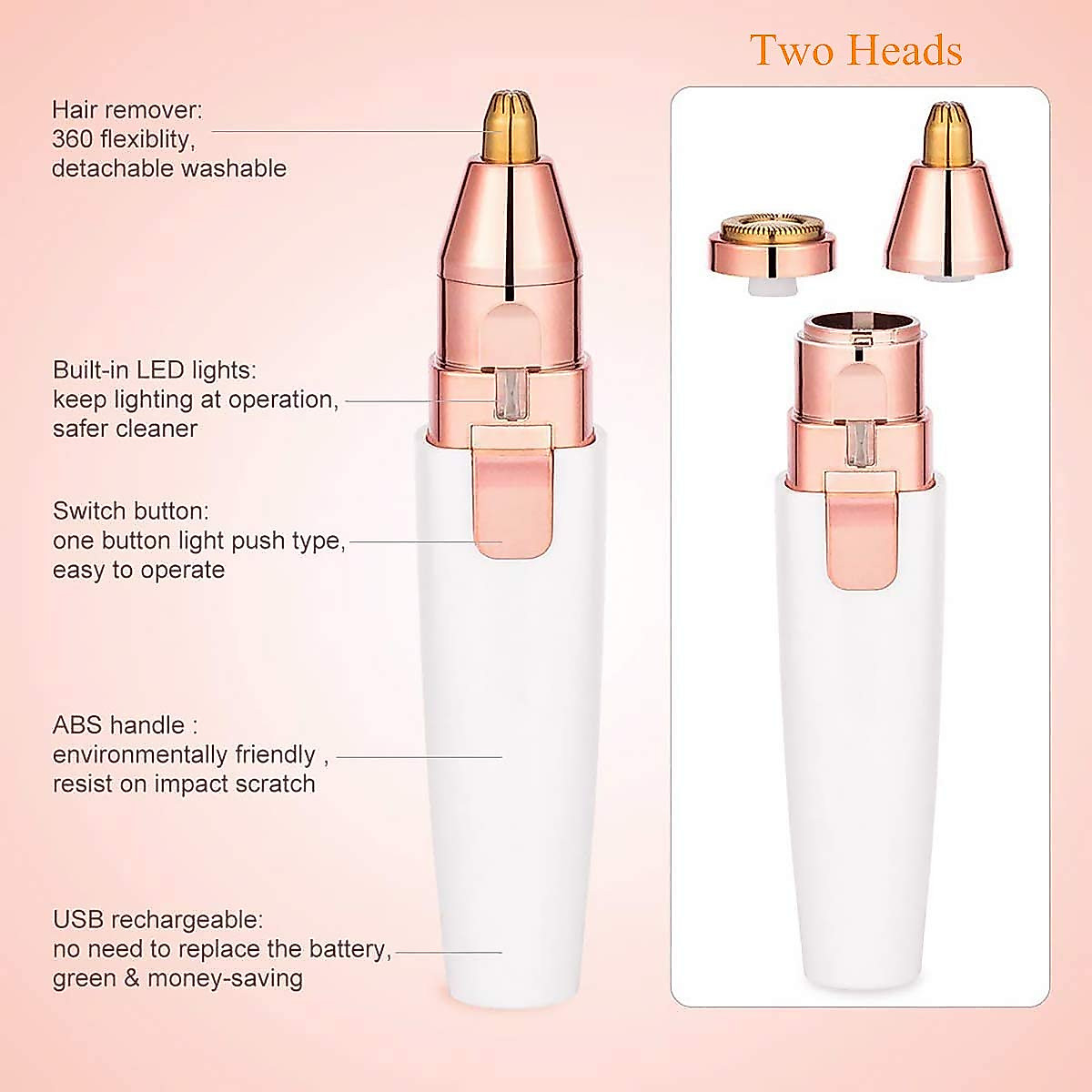 Juszczak Women's Rechargeable Eyebrow Trimmer, 2-in-1 Painless Hair Remover and Razor, with LED Light, Portable and Convenient