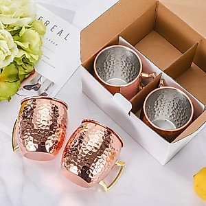 Amrules Moscow Mule Mugs Set of 4, 16 oz Hammered Copper Cups with 304 Stainless Steel Lining and Gold Brass Handles, Perfect for Cold Drinks, Beer, Wine, Bars, Parties, Gifts