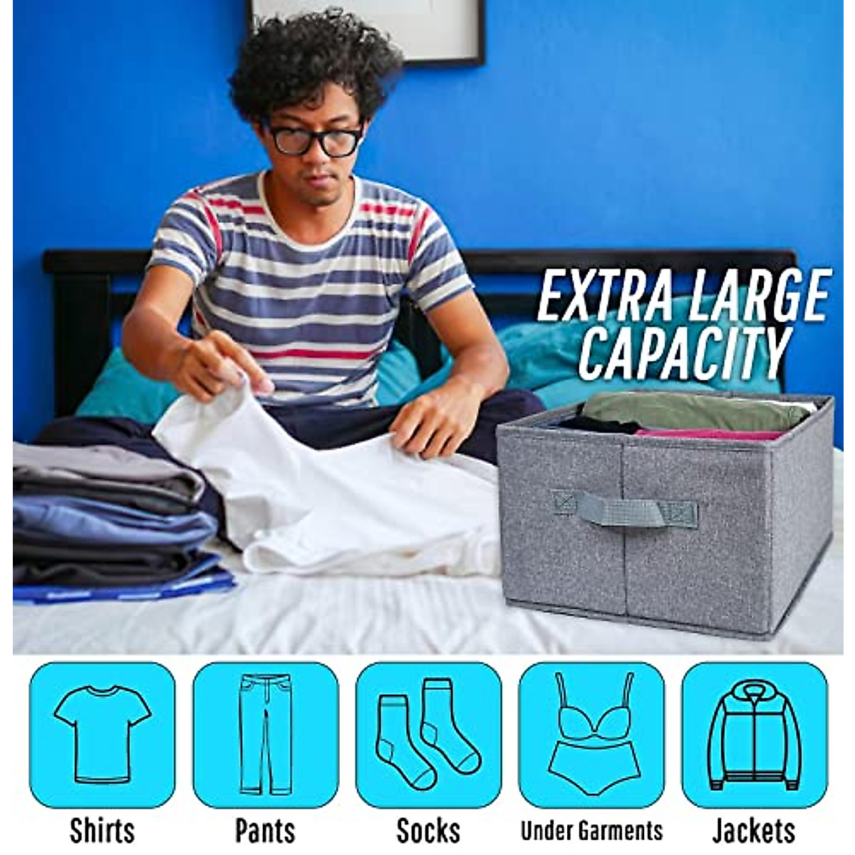 Wardrobe Clothes Organizer (16X12X8in)- 2 PCS Clothing Storage for Drawers & Closet- Sturdy Space-Saving Collapsible Fabric Storage- Large Jeans Bin with Compartments Pants, Sweaters XL, Grey