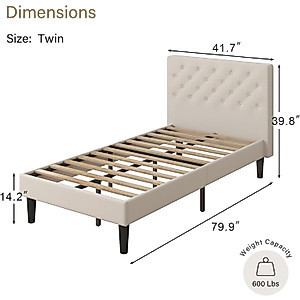Twin Bed Frame with Fully Piece Headboard, Linen Upholstered Platform Bed with Wooden Slats, No Box Spring Needed, Easy Assembly, Beige