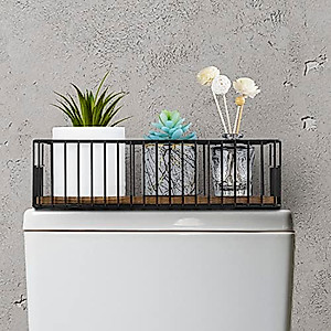 MyGift Toilet Paper Roll Holder Basket, Industrial Matte Black Metal Wire and Rustic Burnt Wood Above Tank Bathroom Toiletries Storage Organizer Vanity Basket