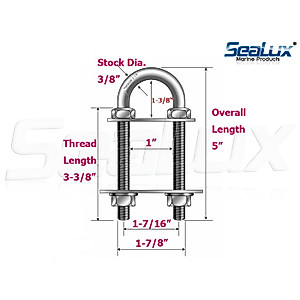 SeaLux Marine Boat Bow Eye Stern Eye U Bolt Tie Down 3/8" Stock, 5" Overall Length, 3-3/8" Thread Length with Hex Nuts and Split washers-SL878805850CW