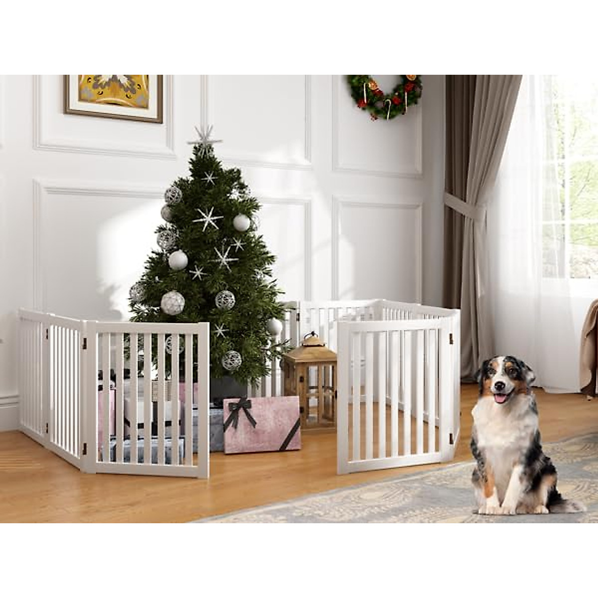 WELLAND Wooden Freestanding Pet Gate, 24 Inch 3 Panel Step Over Fence, Expands Up to 60" Wide, Foldable Indoor Dog Gate Puppy Safety Fence, White