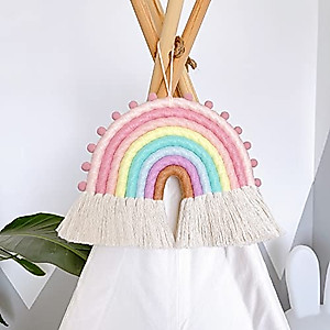 Large Macrame Rainbow Wall Hanging Decor Pom Pom Garland Rainbow Decor for Kids Room Girls Bedroom Baby Shower Nursery Decorations