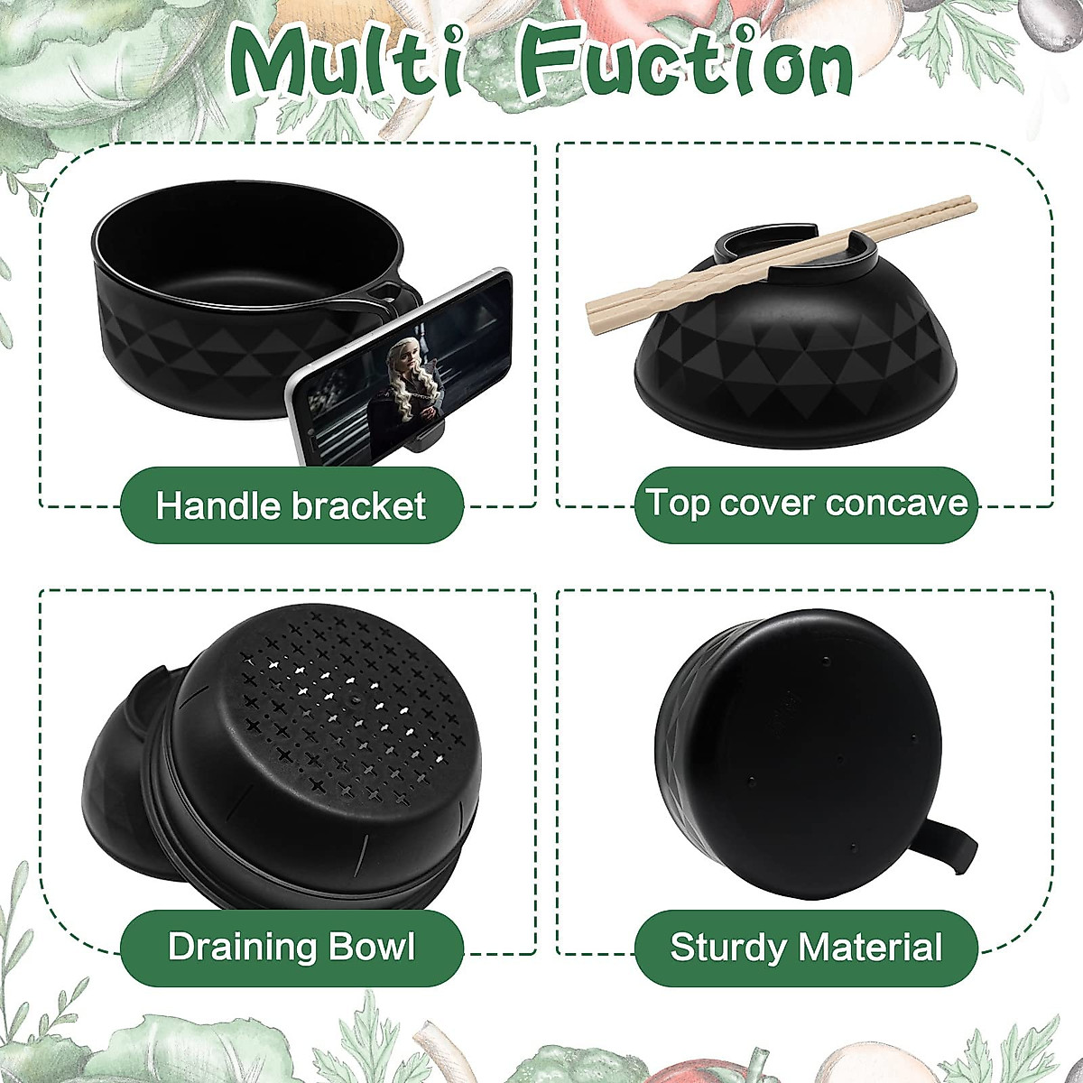 Microwave Ramen Bowl Set, Instant Noodle Bowl Ramen Bowl with Chopsticks, Drainage Bowl, Lid & Handle, College Dorm Room Essentials, Dishwasher-Safe, BPA-Free (Black/1 Set)