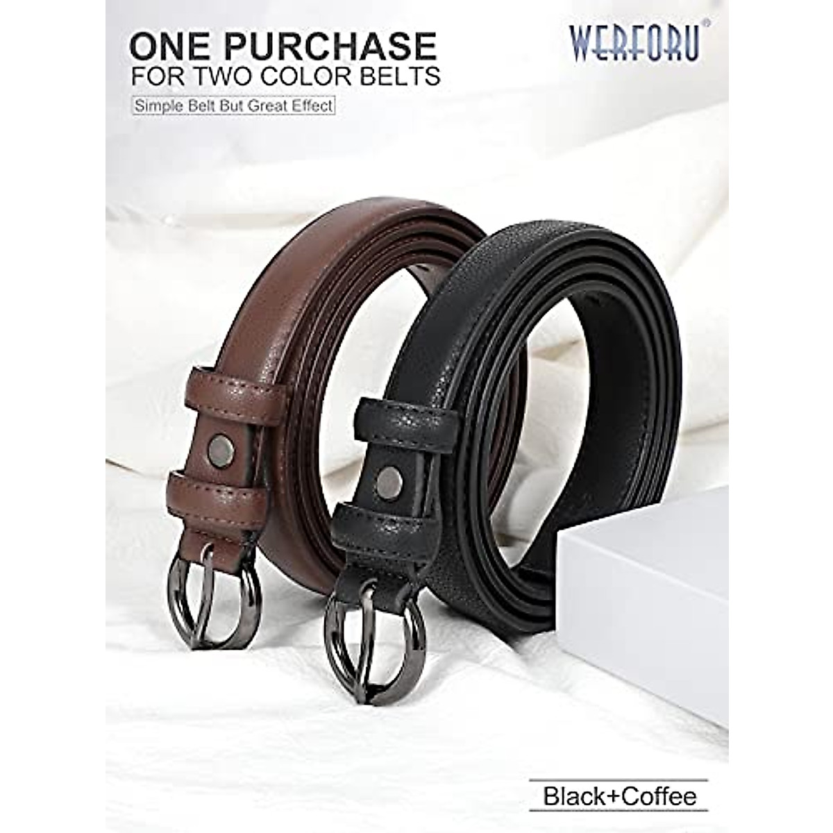 WERFORU 2 Pack Women Belt Skinny Waist Dress Belts Solid Pin Buckle Belt for Jeans Pants,Black+Coffee, Fit Size 46-50 inches