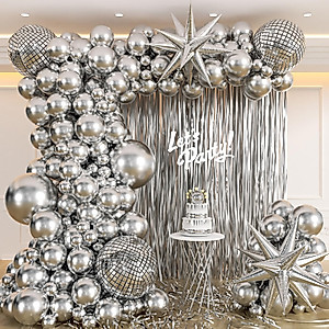 Disco Balloon Arch Garland Kit, Metallic Silver Balloon Arch with Disco Ball Balloons Silver Fringe Disco Ball Backdrop for Birthday Graduation Prom 2024 Disco Party Decorations