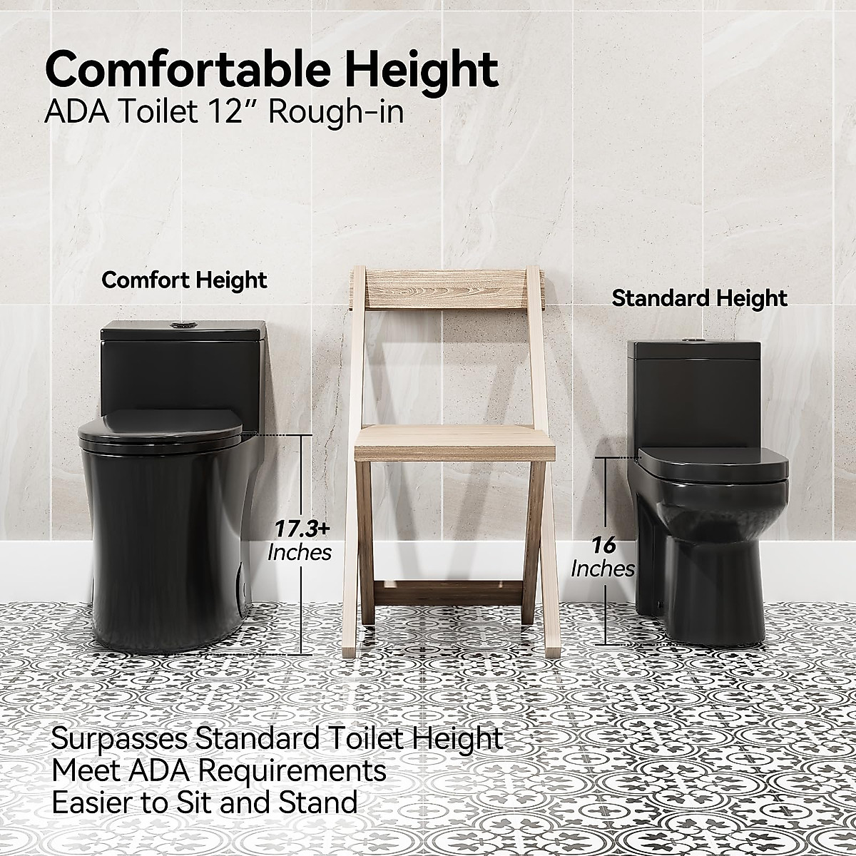HOROW T0338WB Elongated One Piece Toilet Black, Compact Modern Toilet with Comfortable Seat Height, ADA Chair Height 17.3", Power Dual Flush 0.8/1.28 GPF & MAP 1000g, Matte Black, 12" Rough-in