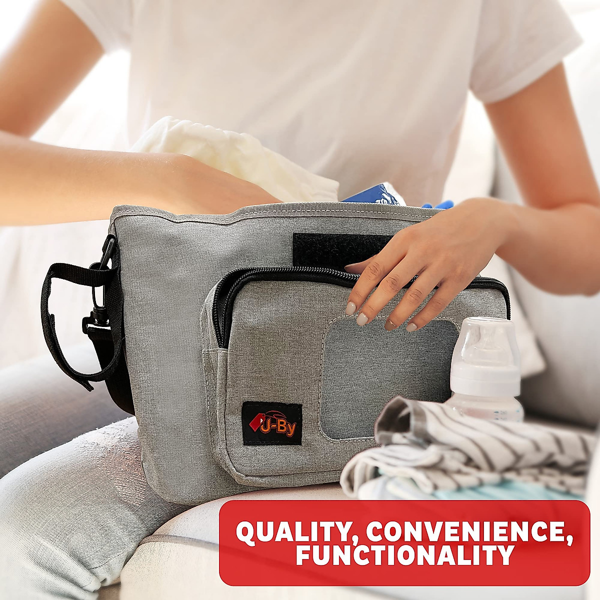 .p U-By Baby Stroller Organizer with Cup Holder - Diaper Bag Organizer with Detachable Shoulder Strap - Stroller Bag Organizer for Bottle, Diapers, Toys, Baby Accessories - Fits All Strollers