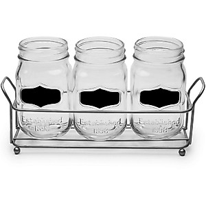 Circleware Chalkboard Mason Jar Glasses with Metal Holder Stand, Set of 4, Home & Kitchen Farmhouse Décor Drink Tumblers for Water, Beer and Beverages, 17 oz, 69075