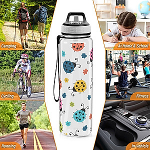 Boccsty Cute Ladybugs Flower Kids Water Bottle with Straw Sports Bottles BPA-Free Tritan Plastic Water Jug for Women Men Gym Outdoors