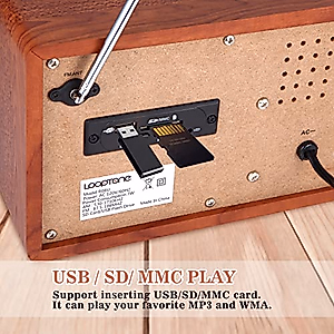 LoopTone USB SD Multifunction AM FM Vintage Radio with Bluetooth Speaker,Retro Wood Table Radio for Kitchen Living Room with Rotary Knob