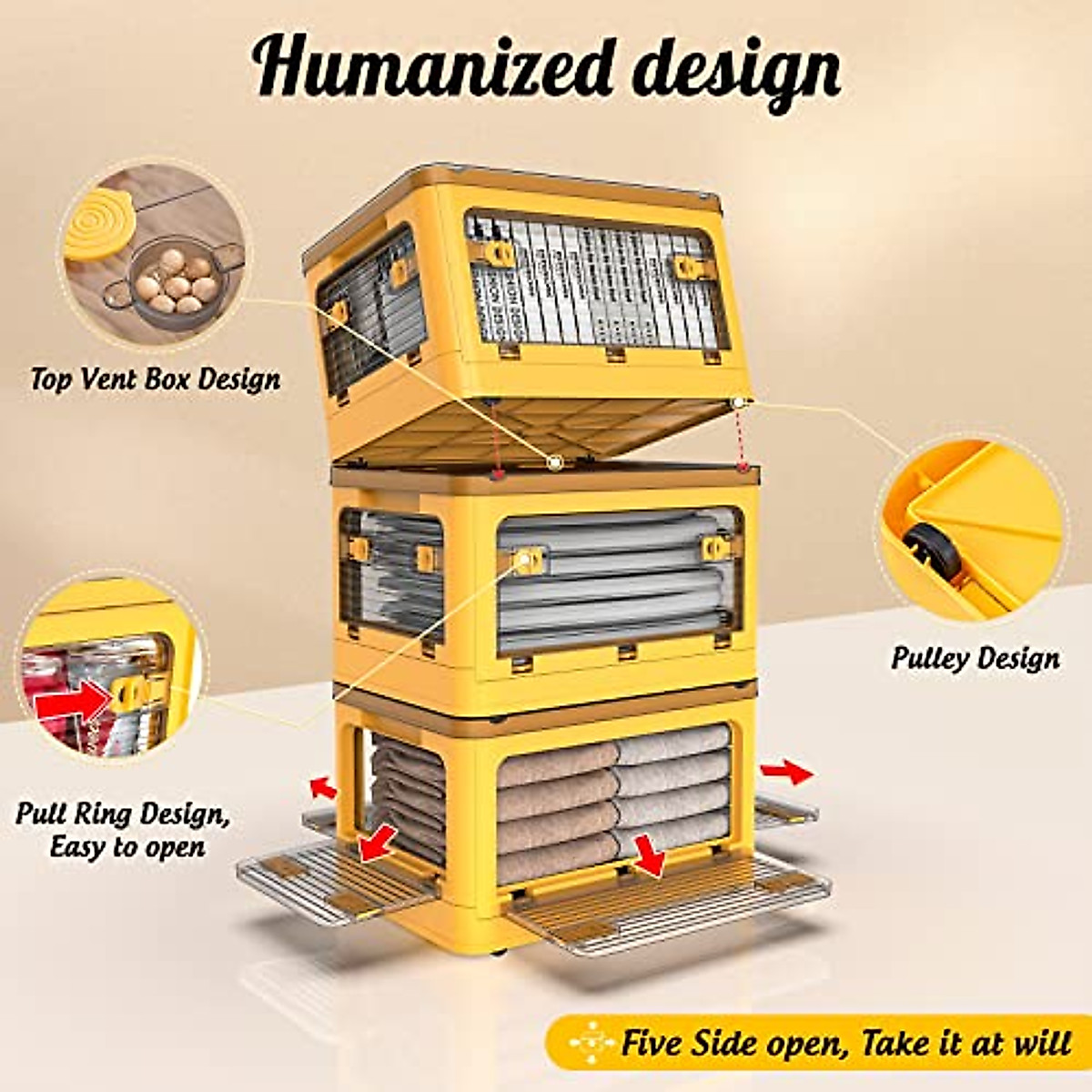 Storage Bins with Lid, Plastic Storage Bins, 5 Side Open Stackable Storage Bins with Wheels, Clear Collapsible Storage Box Containers for Organizing Clothes, Toy, Books, Grocery, Quilt (30 Qt. 1-Pack, Yellow)